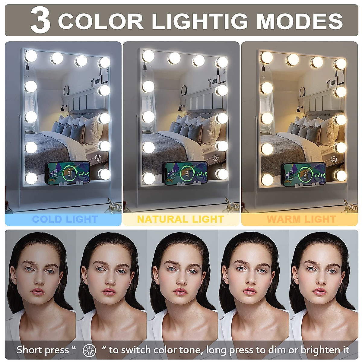 Hansong Vanity Mirror with Lights and Wireless Charging Makeup Mirror with Lights and Music Speaker 12 LED Bulbs Upgraded Hollywood Mirror 3 Color Lighting Modes White