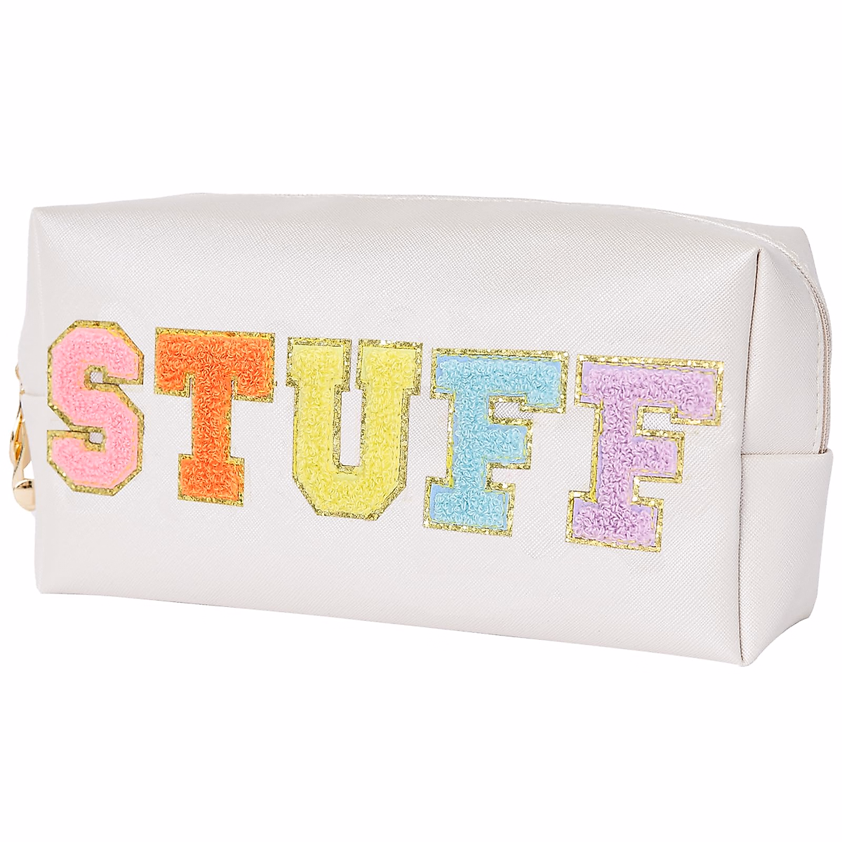 Burskit Preppy Patch Stuff Portable Makeup Bag Bulk Pu Leather Cosmetic Bag Waterproof Travel Organizer Zipper Pouch Storage Purse for Women Girls Gift (HZB-CS-stuff-1)