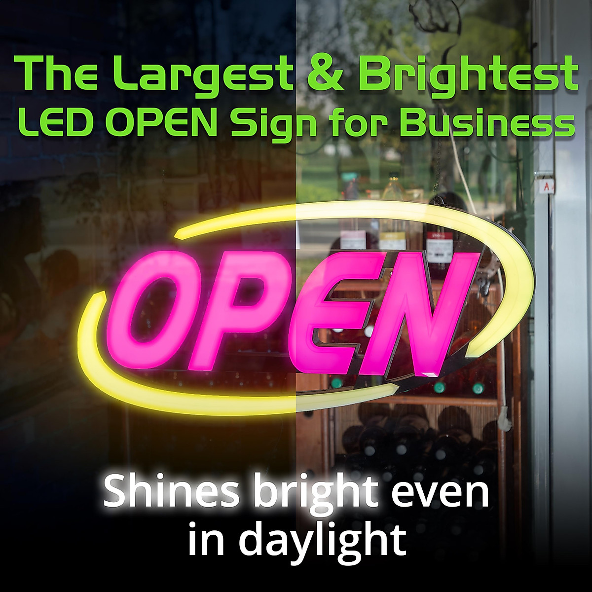 GLI Led Open Sign for Business – Stand Out with 64 Super-Bright Color Combos to Match Your Brand, Programmable App – Neon Flash, or Scroll – 15 x 32 inch