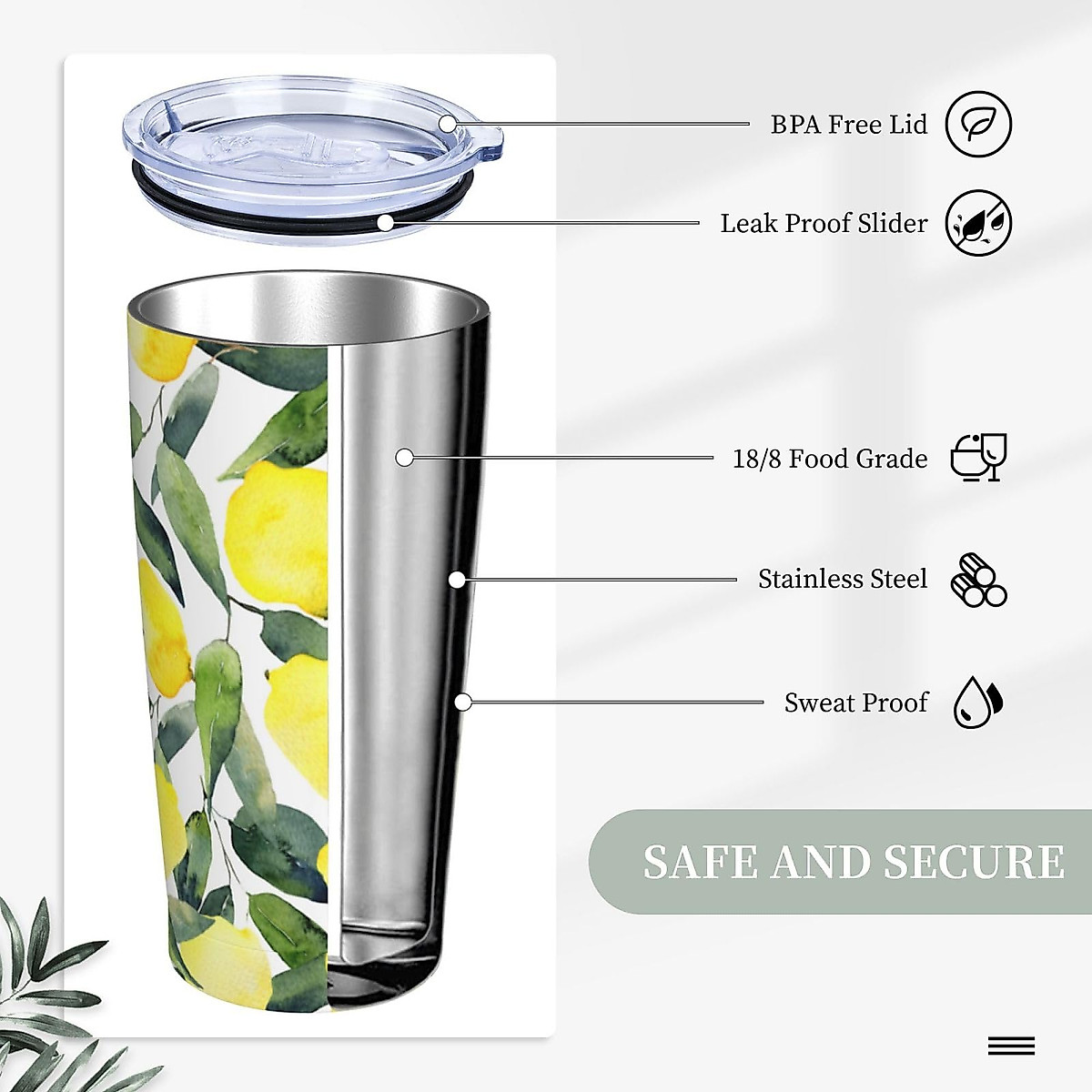 Yaxongx 20oz Tumbler Unique Lemon Double Wall Vacuum Insulated Coffee Mug with Lid and Metal Straw Brush Reusable Stainless Steel Water Bottle Travel Cup Gifts for Car Ice Drinks Hot Beverage