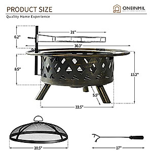 Oneinmil 2 in 1 Fire Pit with Grill, 30'' Wood Burning Outdoor Fire Pits Outside with Metal BBQ Grill, Spark Screen, Poker for Patio, Backyard, Garden