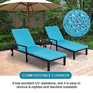 YODOLLA Outdoor Rattan Chaise Lounge Chair with Adjustable Backrest, Wicker Reclining Lounge Chair w/Removable Cushion and Wheels for Beach, Patio, Garden, Porch, Poolside, Backyard, Balcony, Blue