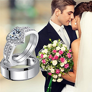 MABELLA His Hers 3 Pcs Stainless Steel Matching Band Women Heart Cut Sterling Silver Wedding Engagement Ring Set Women's Size 6 Men's Size 11