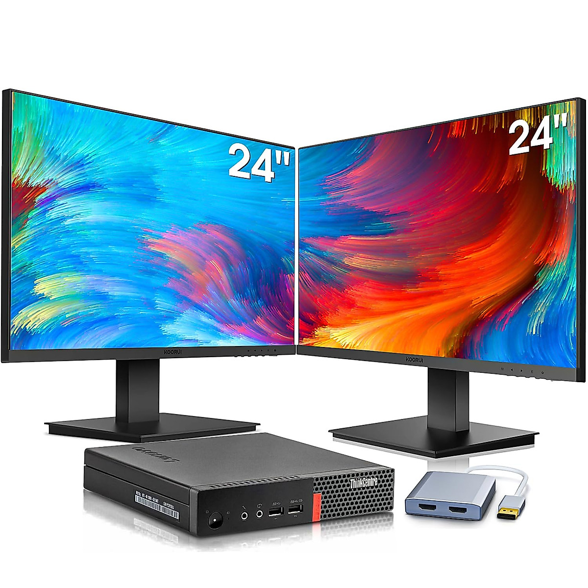 Lenovo ThinkCentre M910q Desktop Computer Mini PC with Dual Monitors KOORUI 24inch, Intel i7 6700T up to 3.60GHz,32GB RAM,New 512GB NVMe SSD