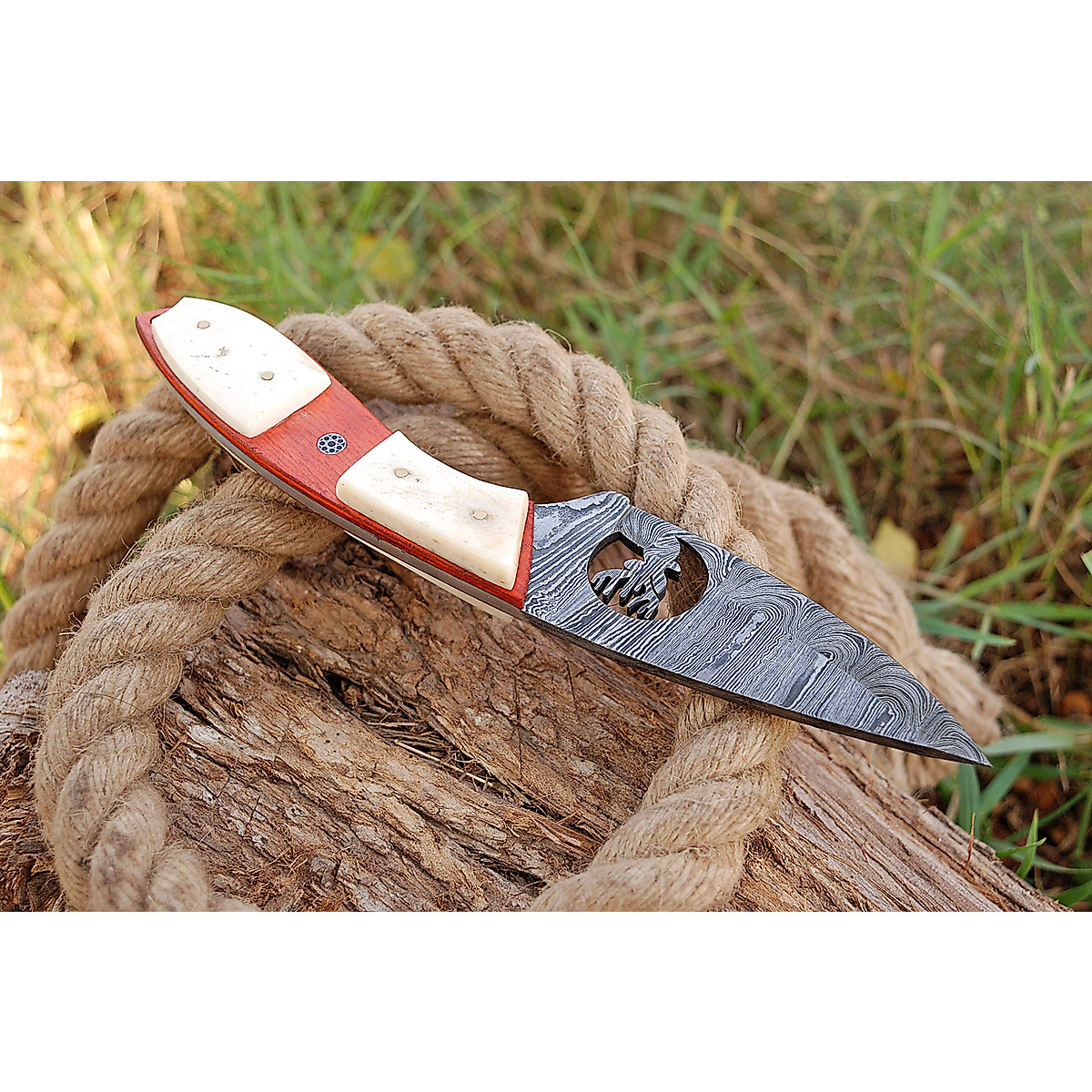 TMBrands Damascus Hunting Knife, Fixed Blade Knife, Camping Knife & Gift Knives with Rose Wood & Bone Handle & Leather Knife Sheath