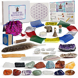DANCING BEAR Deluxe Healing Crystals (35 Pc Set) Altar & Meditation Kit, Chakra Balance Stones, Abalone Shell & Sage, Smudge Feather, Real Turquoise, Spirit Animal, Bell, Prayer Flag, Made in USA
