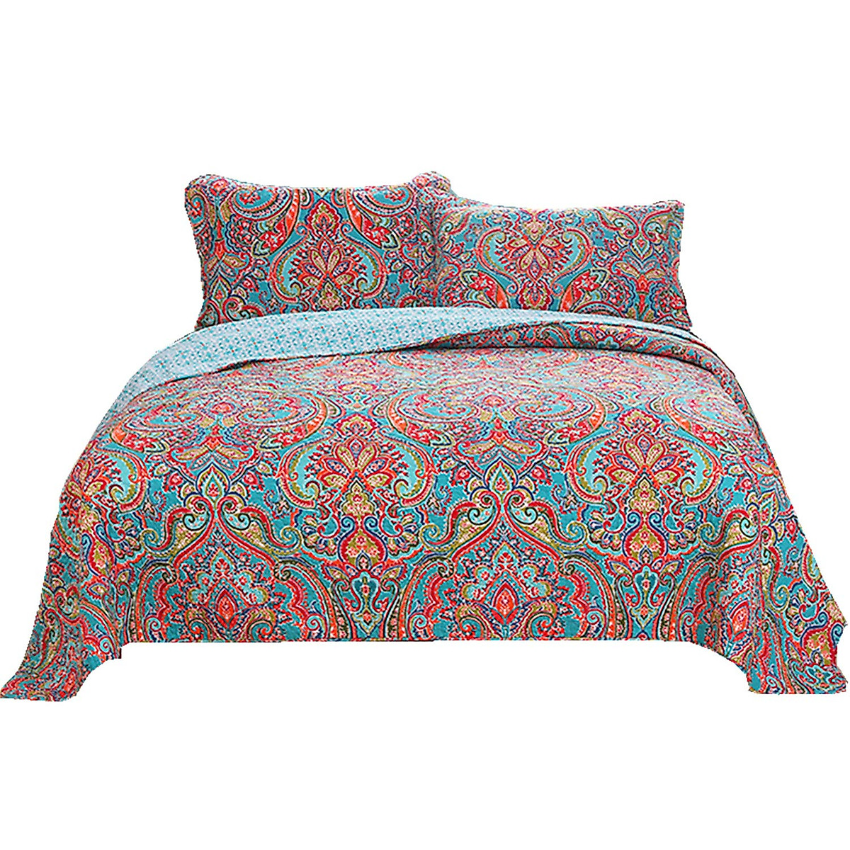 Newrara Jacquard Style Cotton 3 Pcs Patchwork Bedspread Boho Quilt Sets Queen Size（Red）