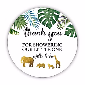 50 Jungle Gold Baby Shower Stickers, Thank You for Showering Our Baby with Love Stickers, Baby Shower Favors for Boy or Girl, Baby Shower Favor Labels for Birthday Party, 2 Inches