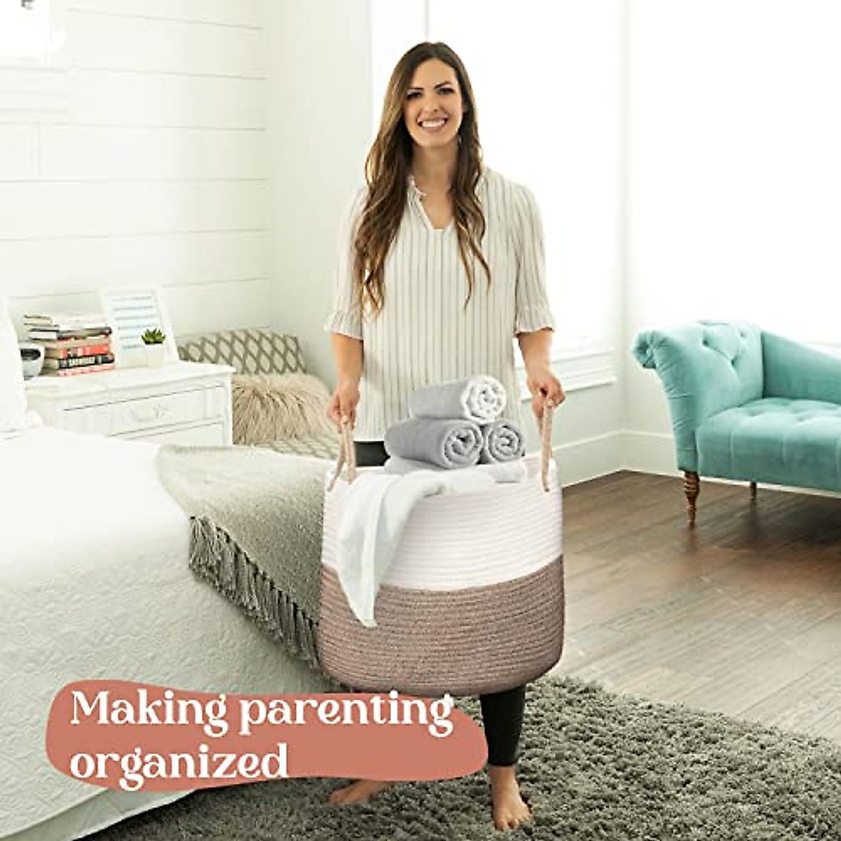 Luxury Little XXXL Nursery Storage Basket, 22 x 22 x 14 inches - 100% Cotton Rope Basket with Handles, Laundry Basket for Toys, Blankets and Pillows - Off White & Beige