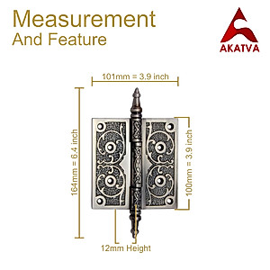 Akatva 164mm x 101mm x 12mm Brass Decorative Hinge Set - 1 Piece Gate Hinges for Wooden and Metal Fences, Doors, Cabinets - Brass Ball Bearing Hinge Hardware Kit - Antique Brushed Nickel Finish