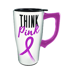 Spoontiques Think Pink Ceramic Travel Mug, White, 16 ounce