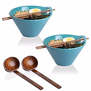 Sweejar Porcelain Ramen Bowls, Japanese Ramen Noodle Bowl with Chopsticks And Spoons, 25 oz Deep Bowl for Soup, Salad, Pho, Udon, Reactive Glaze, Set of 2 (Turquoise)