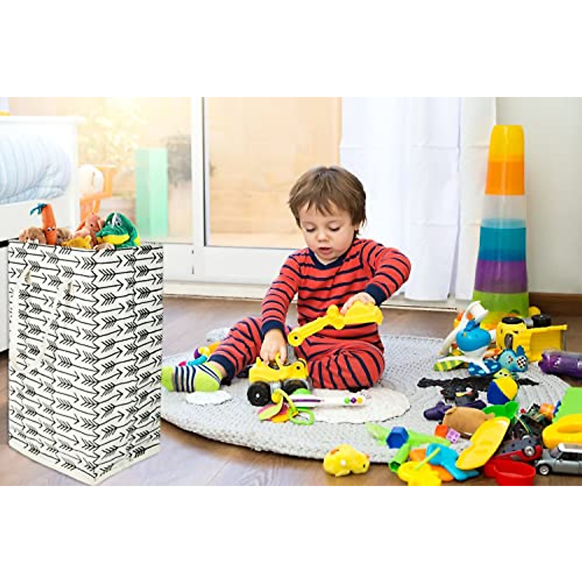 HIYAGON 75L Freestanding Laundry Basket,Large Collapsible Tall Clothes Hamper with Handles,Waterproof Toy Storage Bin for Boys and Girls,Baby Nursery(Arrows)