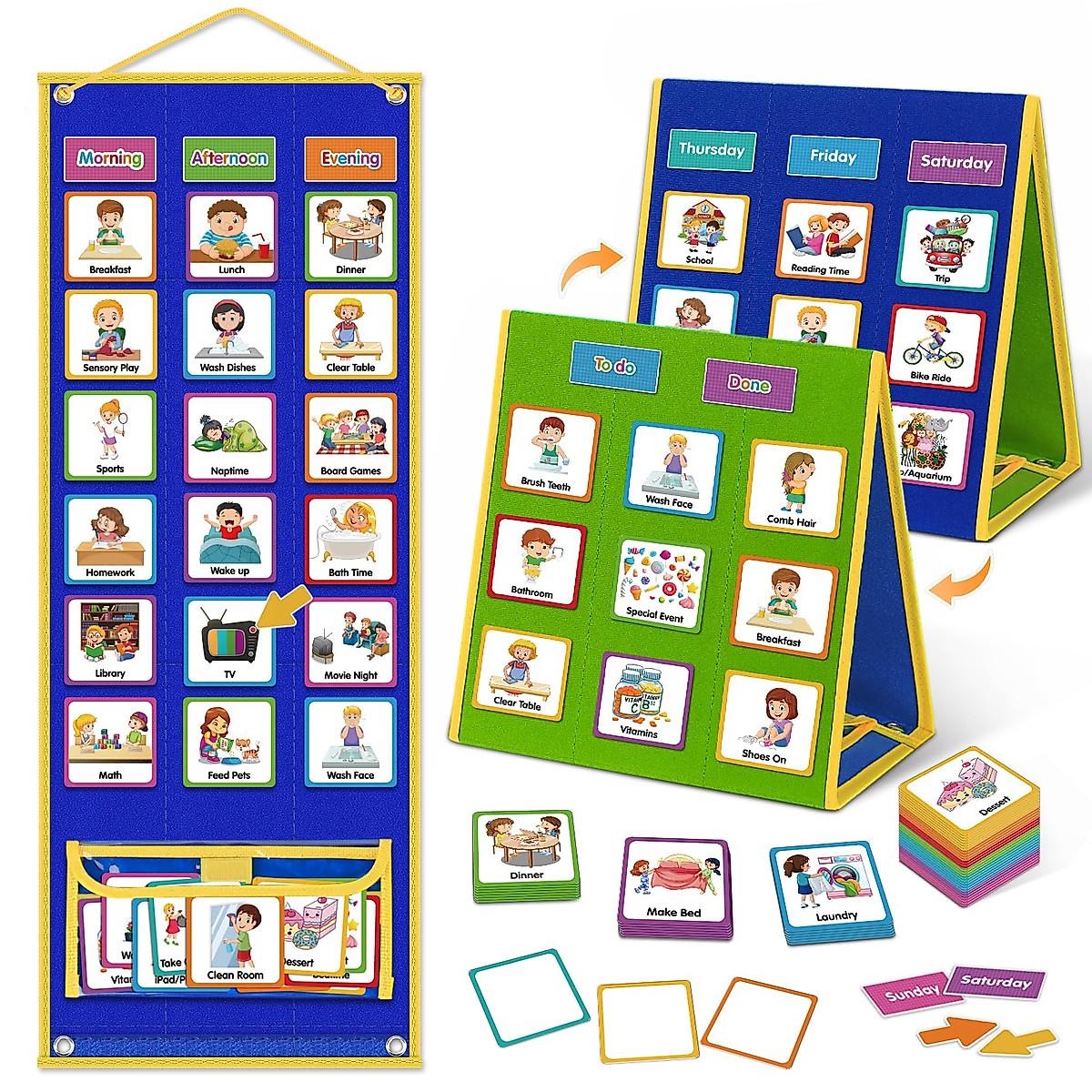 Godery Large Visual Schedule for Kids Chore Reward Chart,Bedtime Routine Chart for Toddlers,Double Side Weekly Planner Board with 109 Cards for Home School Planner,Autism Learning Materials.