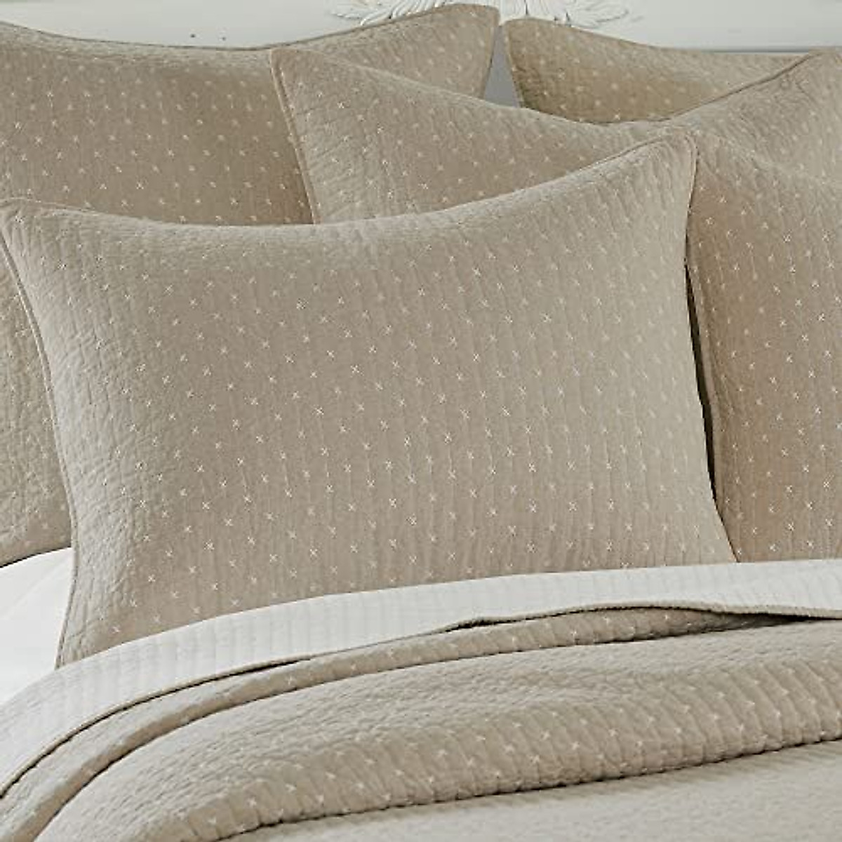 Levtex Home - Cross Stitch Quilt Set - 100% Cotton - Full/Queen Quilt (88x92in.) + 2 Standard Shams (26x20in.) - Taupe Quilt with White Contrast Stitching