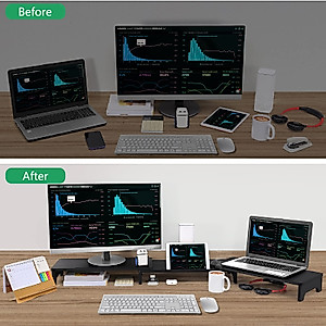 Nnewvante Monitor Stand Riser, 60 inch Large Bamboo Dual Monitor Stand for Desk, 3 Shelves Desktop Screen Riser with Adjustable Length Angle for Computer Laptop PC,Black