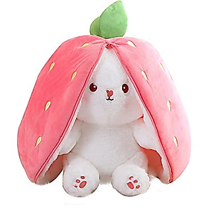 REYBEYOLA Easter Bunny Stuffed Animal Cute Rabbit Plushie Hide-and-Seek Bunny Carrot Strawberry Bunny Pillow Plush Toy for Boys Girls (Pink, 9.84 inch)