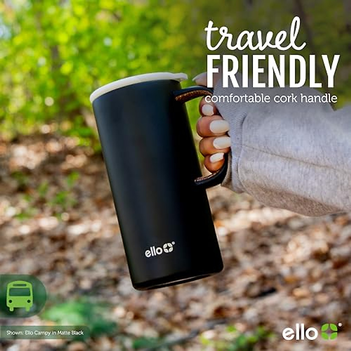 Ello Campy Vacuum Insulated Travel Mug with Leak-Proof Slider Lid and Comfy Carry Handle, Perfect for Coffee or Tea, BPA Free, Matte Black, 18oz
