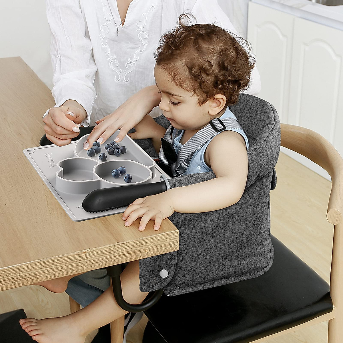 Hook On Chair with Tray, Fold-Flat Storage and Tight Fixing Clip on High Chair, Portable Baby Feeding Seat, High Chair for Home and Travel (Grey)