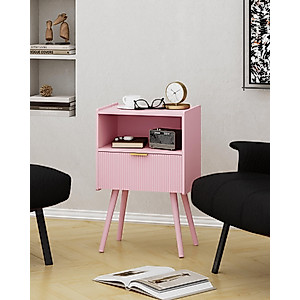 JOONEE Nightstand,Modern Bedside Table with Storage Drawer and Open Wood Shelf, for Living Room, Bedroom and Small Spaces, Accent Night Stand with Solid Wood Legs, Easy Assembly,Classic Pink