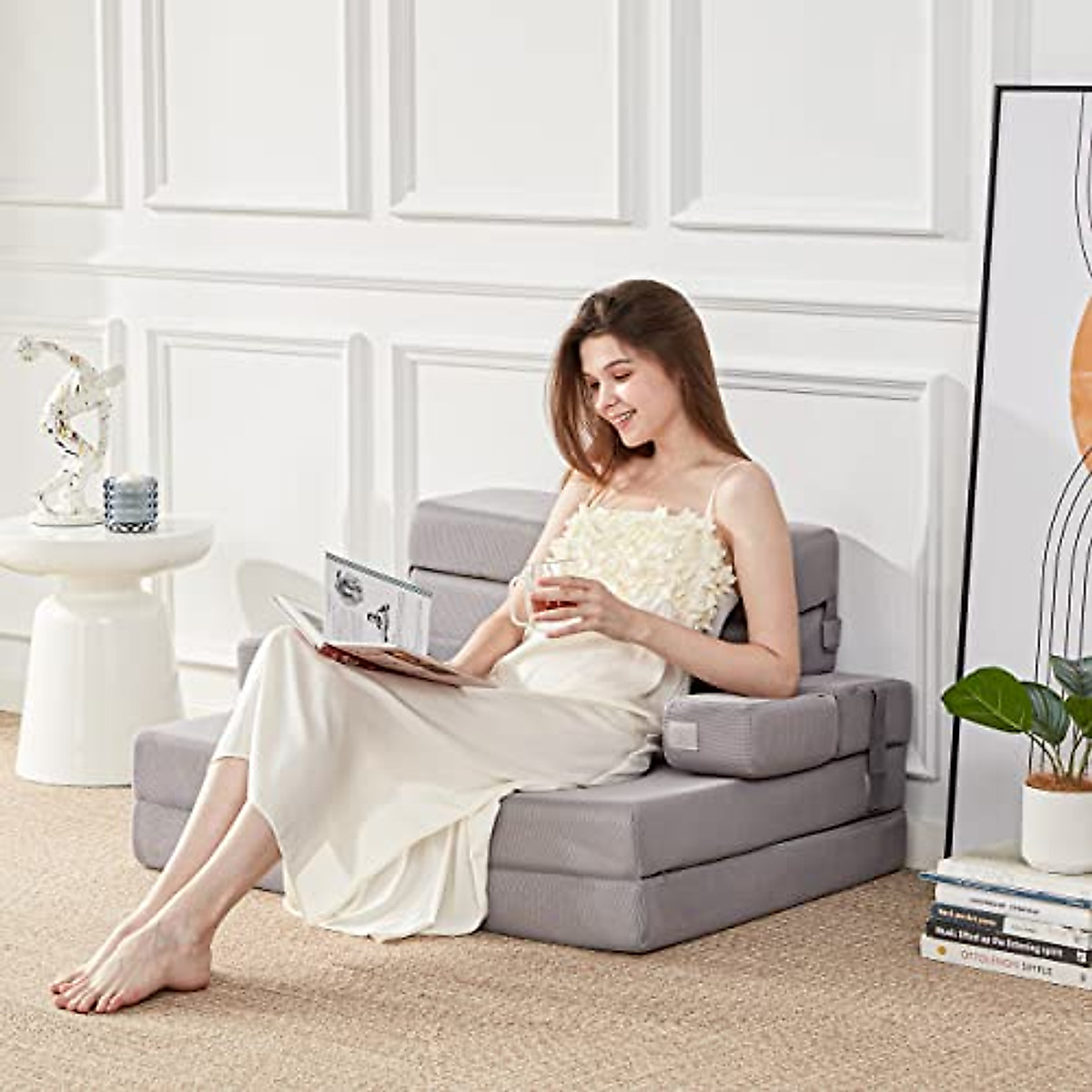 Lazyzizi Sleep 4 Inch Foldable Mattress, Portable Floor Mattress Couch with Headrest, Washable Cover, Foldable Foam Couch Twin for Guest Bed, Folding Sofa Bed, Camping, Road Trip， Dark Grey