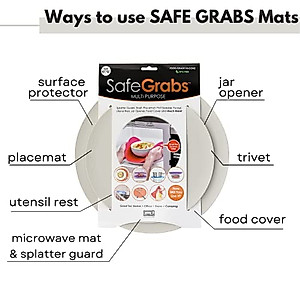 Safe Grabs: Multi-Purpose Silicone Original Microwave Mat as Seen on Shark Tank | Splatter Guard, Trivet, Hot Pad, Pot Holder, Minimize Mess (BPA-Free, Heat Resistant, Dishwasher Safe), Set of 2 Gray