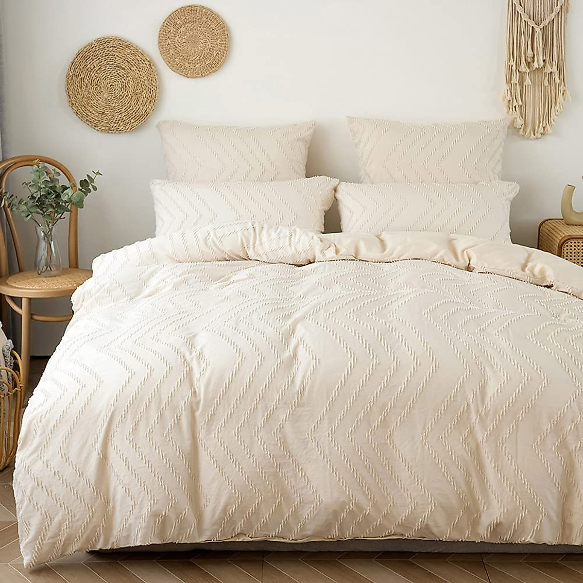 vctops Boho Wave Tufted Duvet Cover Set 3 Pieces Full Size Soft Embroidery Comforter Cover Sets for All Seasons (Khaki, Full)