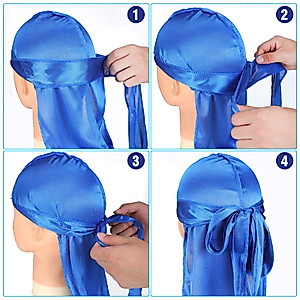 4 Pcs Kids Satin Durags Head Wrap Silk Durag Cap with Long Tail Wide Strap 360 Waves Cap Toddler Durags for Boy Girls (Black, Wine Red, Blue, Camouflage Blue)