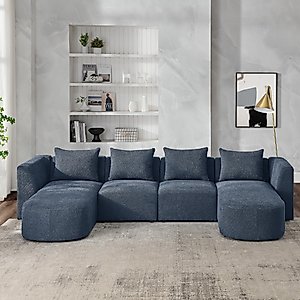 DEINPPA U Shape Modular Sectional Sofa, Minimalist Style Modular Couch, 4 Seat Cushion Couch with 4 Pillows for Living Room/Apartment, Bouclé Fabric, Navy Blue
