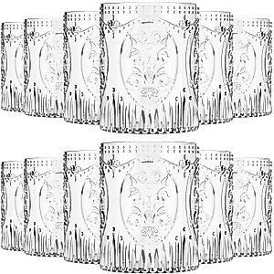 Qinyoung Plastic Vintage Drinking Glasses 8.5oz Stemless Wine Glasses Retro Embossed Wine Glasses Shatterproof Reusable Wine Cups for Baby Shower Wedding Reception Grand Event Party(Clear,12)