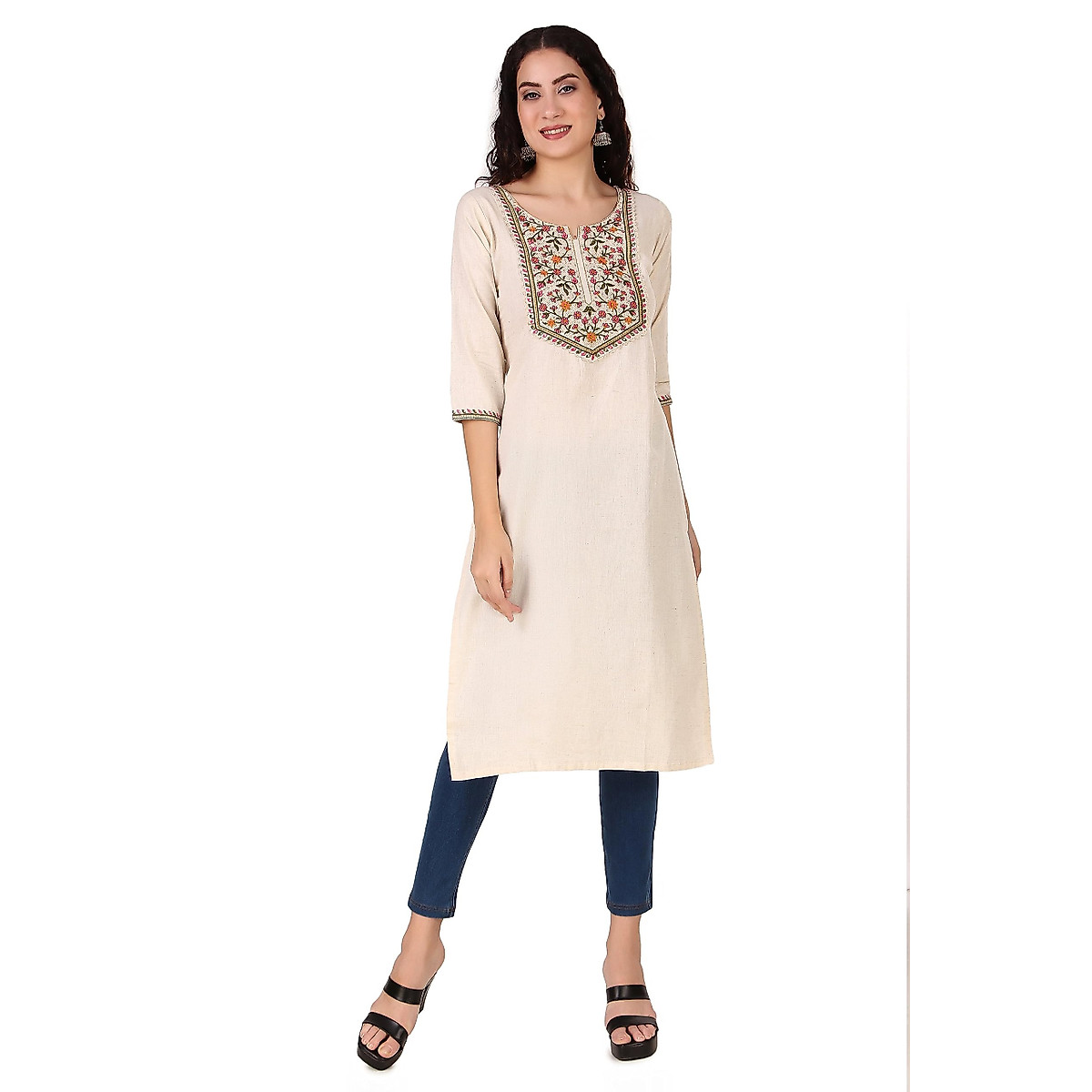 ladyline Rich Khadi Cotton Womens Tunic Top Multi Embroidered Kurti Kurta Dress (CEK SHKH690) (50/Cream)