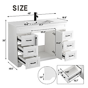 BUPWHEK 48” Luxurious Bathroom Vanity with Ceramic Sink Combo, White Bathroom Cabinet with 2 Soft Closing Doors & 6 Full Extension Drawers, Modern Bathroom Storage Cabinet