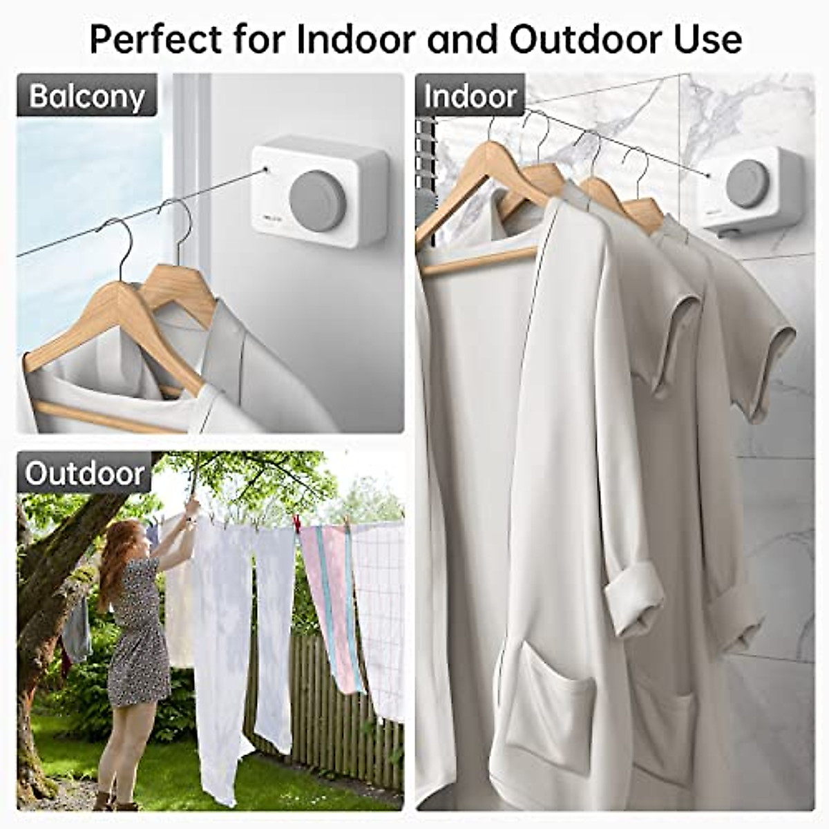 Mbillion Retractable Clothesline Heavy Duty Clothes Drying Laundry Line for Indoor Outdoor Retracting Hanging Clothing Drying with Retract Rotating Knob to Prevent Sagging White
