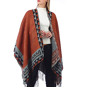 Womens Blanket Shawls Wraps Winter Printed Open Front Poncho Cape Plaid Shawls for Women Orange-series 25