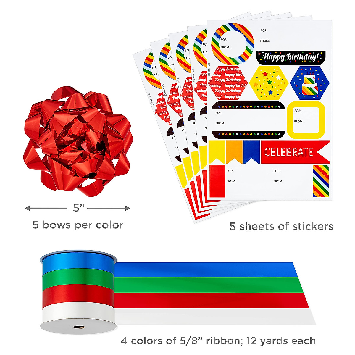 Hallmark Birthday Wrapping Paper Set (3 Rolls: 90 Sq. Ft. Ttl, 10 Bows, Ribbon, Gift Tag Stickers) Rainbow Stripes, Cake, "Happy Birthday" for Kids and Adults