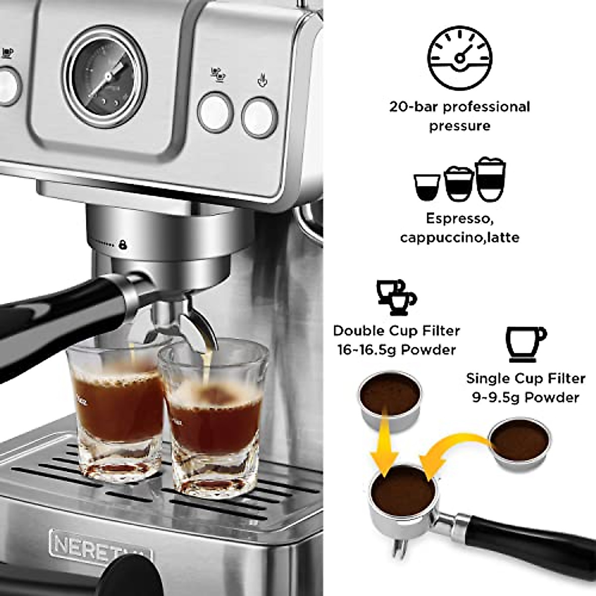 Neretva 20 Bar Espresso Machine, Expresso Coffee Machine With Milk Foaming Steam Wand, Espresso Latter and Cappuccino Maker, 1.8L Water Tank, For Home Barista