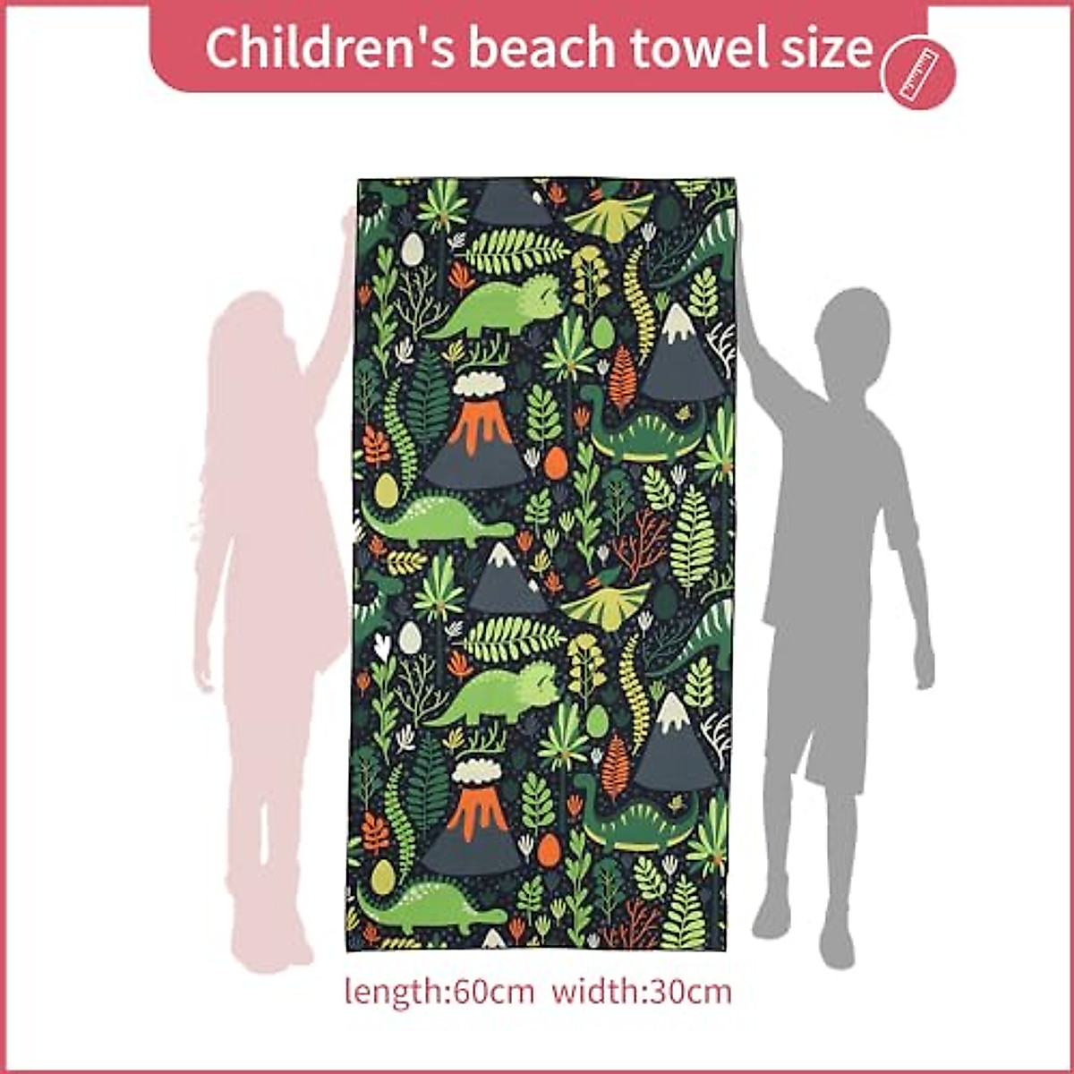 QQP Microfiber Kids Beach Towels & Pouch,60"x30"Lightweight Sand Free Quick Dry Beach Towels for Kids,Personalized Cute Double Sided Patterns Travel Towels for Boys & Girls（Dinosaur）