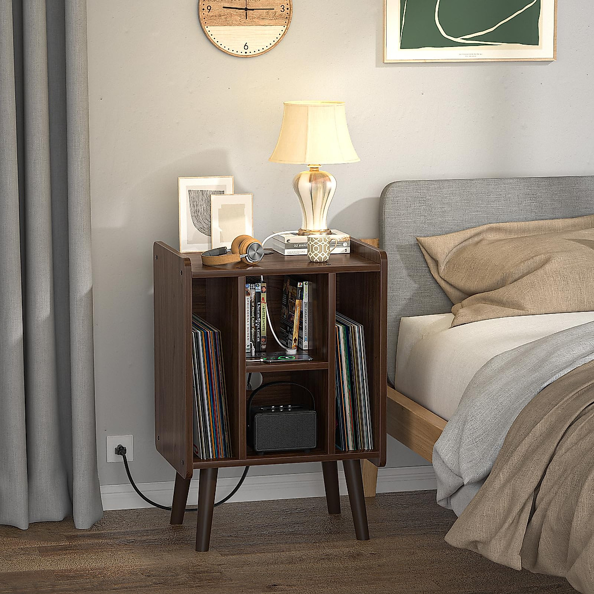 Unikito Record Player Stand, Vinyl Turntable Stand with Power Outlet and USB Charging Port, Sturdy Record Display Table with Storage, Mid Century End Table, Turntable Nightstand, Walnut