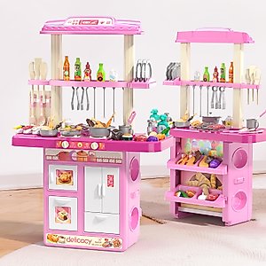 TEMI 2-in-1 Kitchen & Grill Playset for Kids - With 60-Piece Accessories, Sounds & Lights | Pretend Play Kitchen Set for 3+ Year Old Girls & Boys
