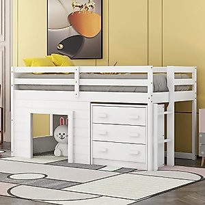 Bellemave Low Loft Beds with 3 Drawers Twin Loft Bed Frame with Cabinet and Bedside Tray Wood Farmhouse Loft Bed for Kids Girls Boys Teens, White
