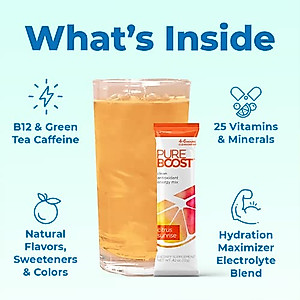 Pureboost Clean Energy Drink Mix + Immune System Support. Sugar-Free Energy with B12, Multivitamins, Antioxidants, Electrolytes (Combo Pack, 30 Stick Packs)