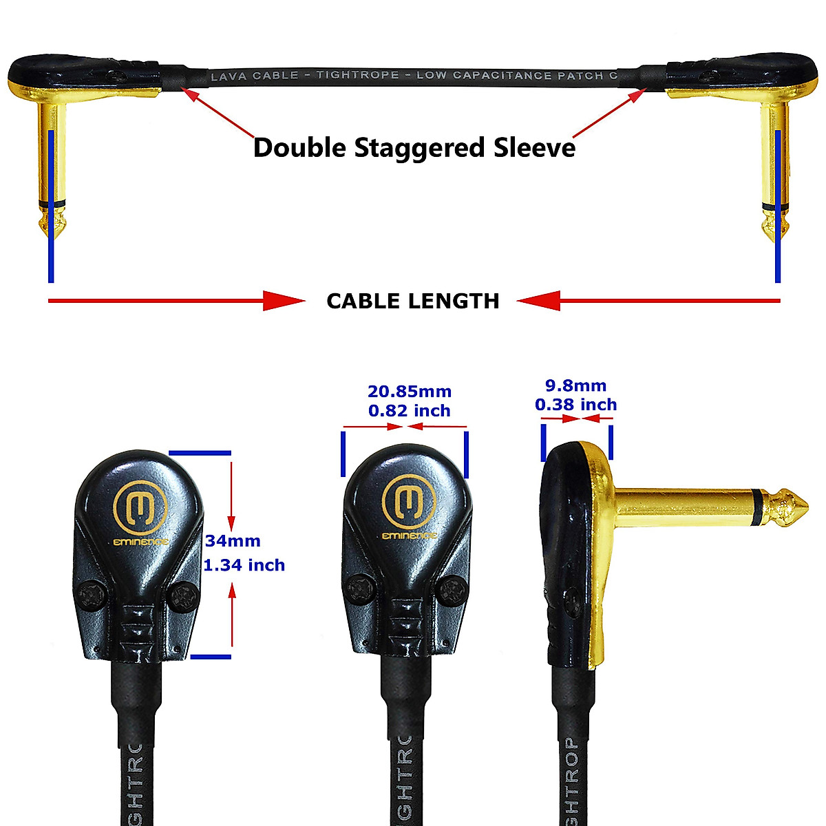 6 Units - Lava Tightrope (Black) - 9 Inch - Guitar Bass Effects Instrument, Patch Cable with Premium Gold Plated ¼ Inch (6.35mm) Low-Profile, Right Angled Pancake type TS Connectors