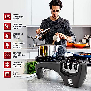 Kitchen Knife Sharpener - 3 Stage Knife Sharpening Tool Sharpens Chef's Knives - Kitchen Accessories Help Repair, Restore and Polish Blades Quickly, Food Safety Cut Resistant Glove Included, Black