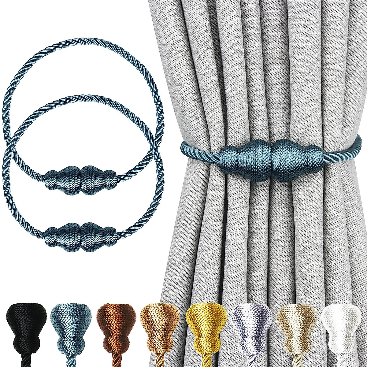 Nieffeiy Magnetic Curtain Tiebacks 2Pack Outdoor Curtain Tie Backs Rope Decorative Magnetic Curtain Holders for Drapes Window Treatment Holdbacks, Blue