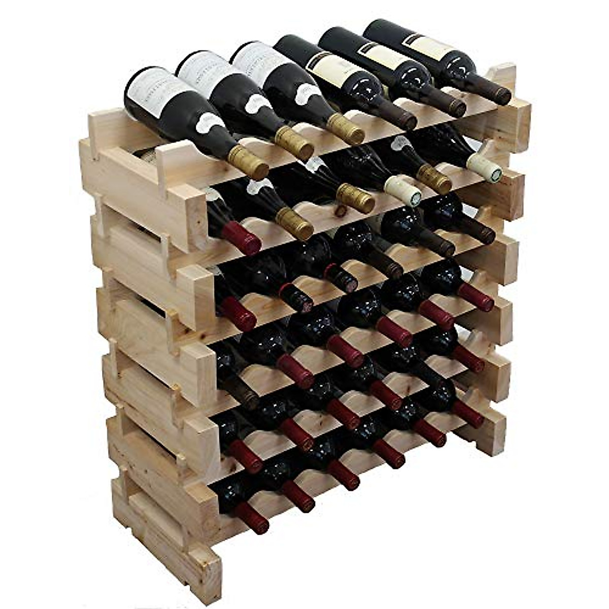 DisplayGifts Modular Stackable Wine Rack Freestanding Wooden Wine Stand Storage Holder, Thick Wood Wobble-Free Natural 36 Bottle Capacity 6 X 6 Rows (Natural - Unfinished)