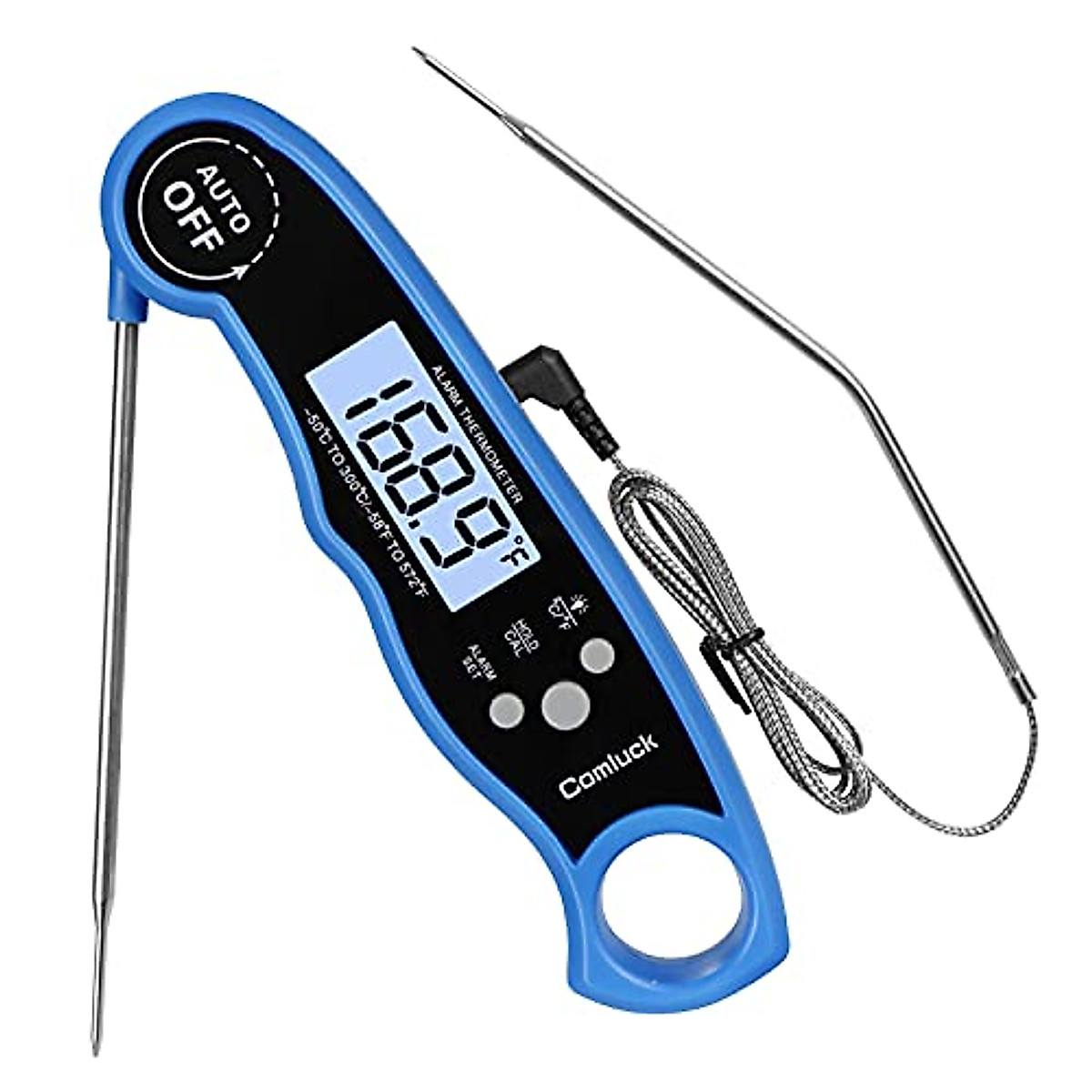 Digital Meat Thermometer for Cooking - Comluck CA002 Instant Read Meat Thermometer for Grilling and Smoking 2-in-1 Dual Probe Oven Safe Food Thermometer with Alarm for Grill BBQ Steak Turkey
