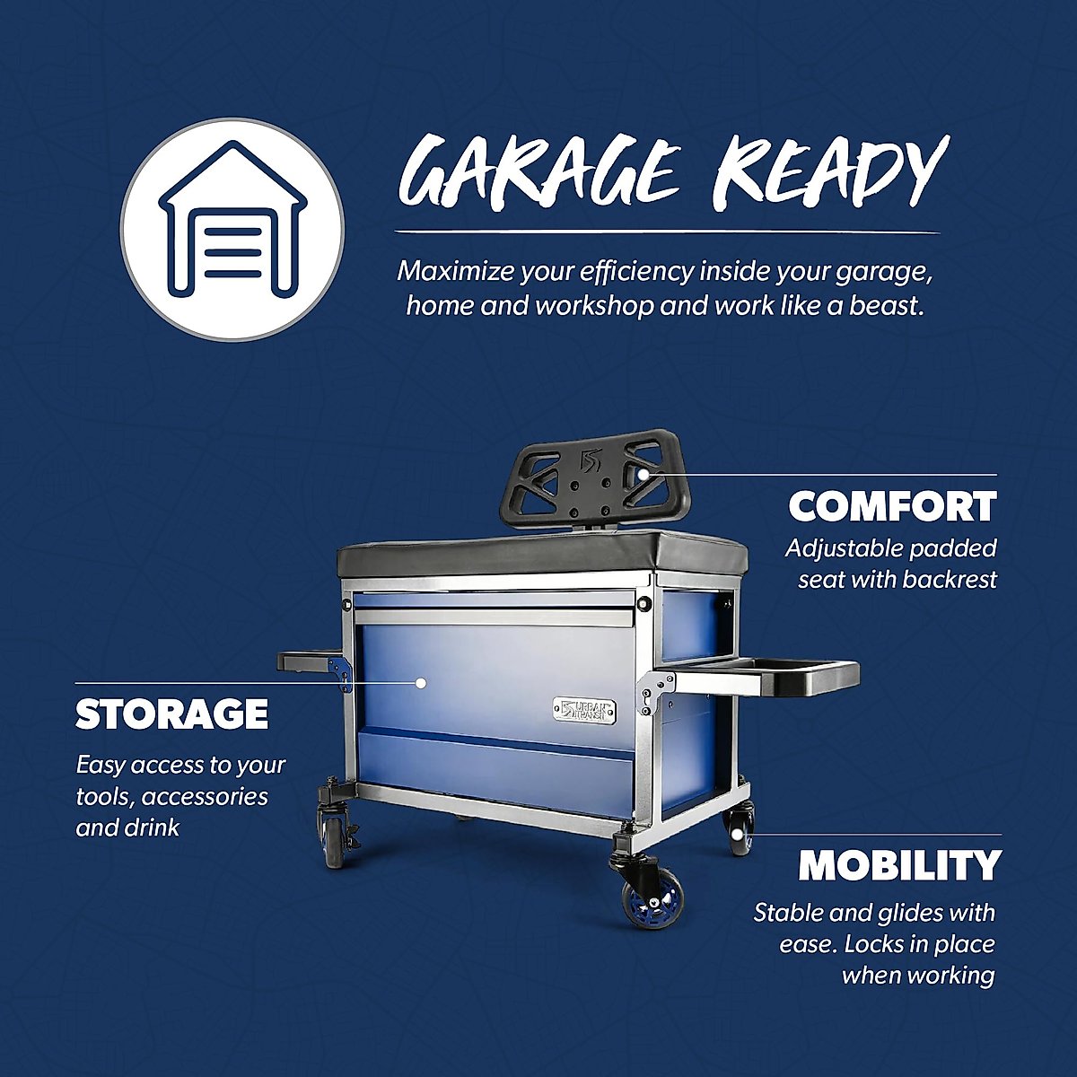 URBANTRANSIT The Beast Heavy Duty Shop Stool with Backrest - 500 Lb Capacity Rolling Stool for The Garage with Tool Storage, Cupholder and 360 Degree Wheels - an Ideal Workshop and Mechanic Stool