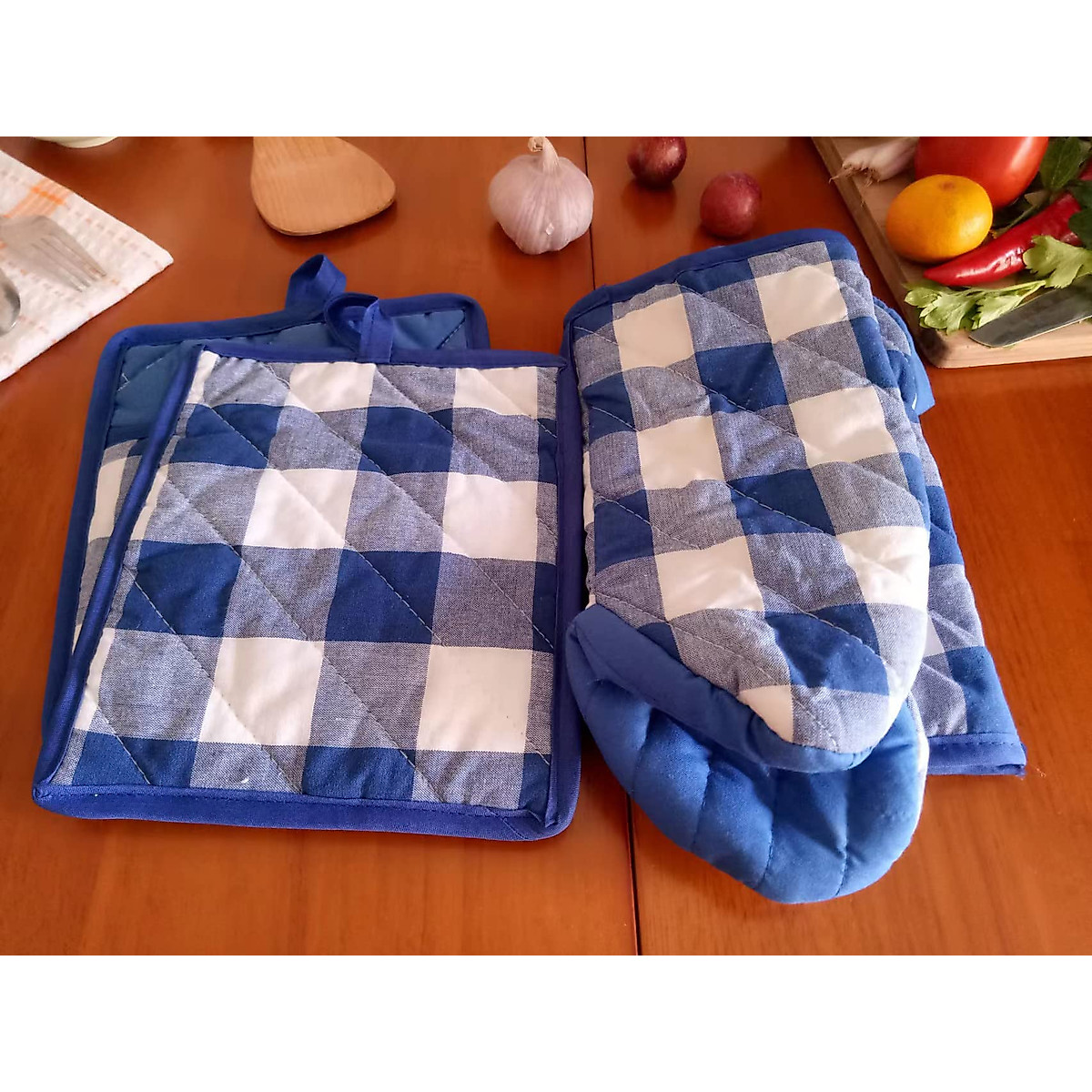 Cotton Oven Mitts and Pot Holder Sets Buffalo Check 4 Pack Heat Resistant Recycled Quilted Cotton Breathable Fabric Comfortable for Kitchen Cooking Baking