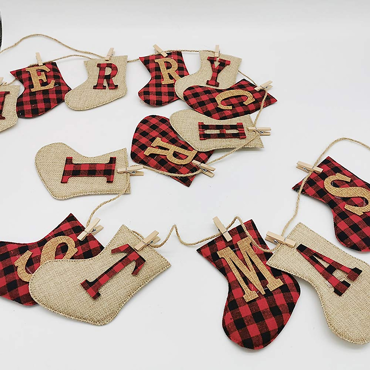 Merry Christmas Banner - Burlap Sock Shaped Christmas Decoration, Unique Hand-Sewn Christmas Decor, Great Firepalce Decoration for Christmas