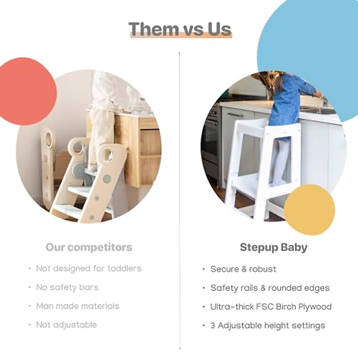 Stepup Baby Toddler Tower Step High Chair | Montessori Inspired | Kitchen Wooden Step Stool for Preschool Kids | Adjustable for 18 Month - 5 Years | Includes Safety Rail (White)